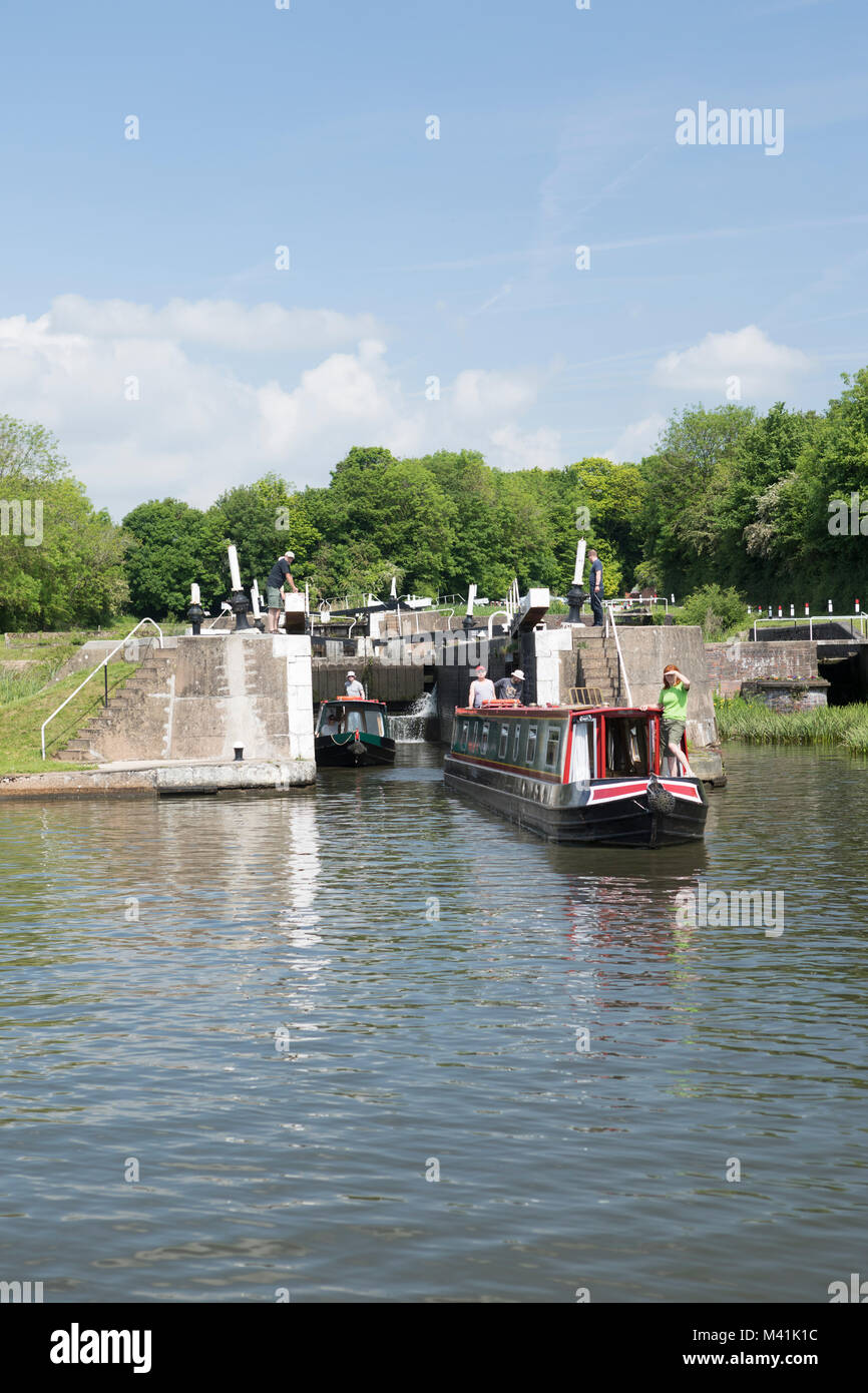 Grand Union Canal, Knowle Locks, narrow boat exiting the Bottom lock ...
