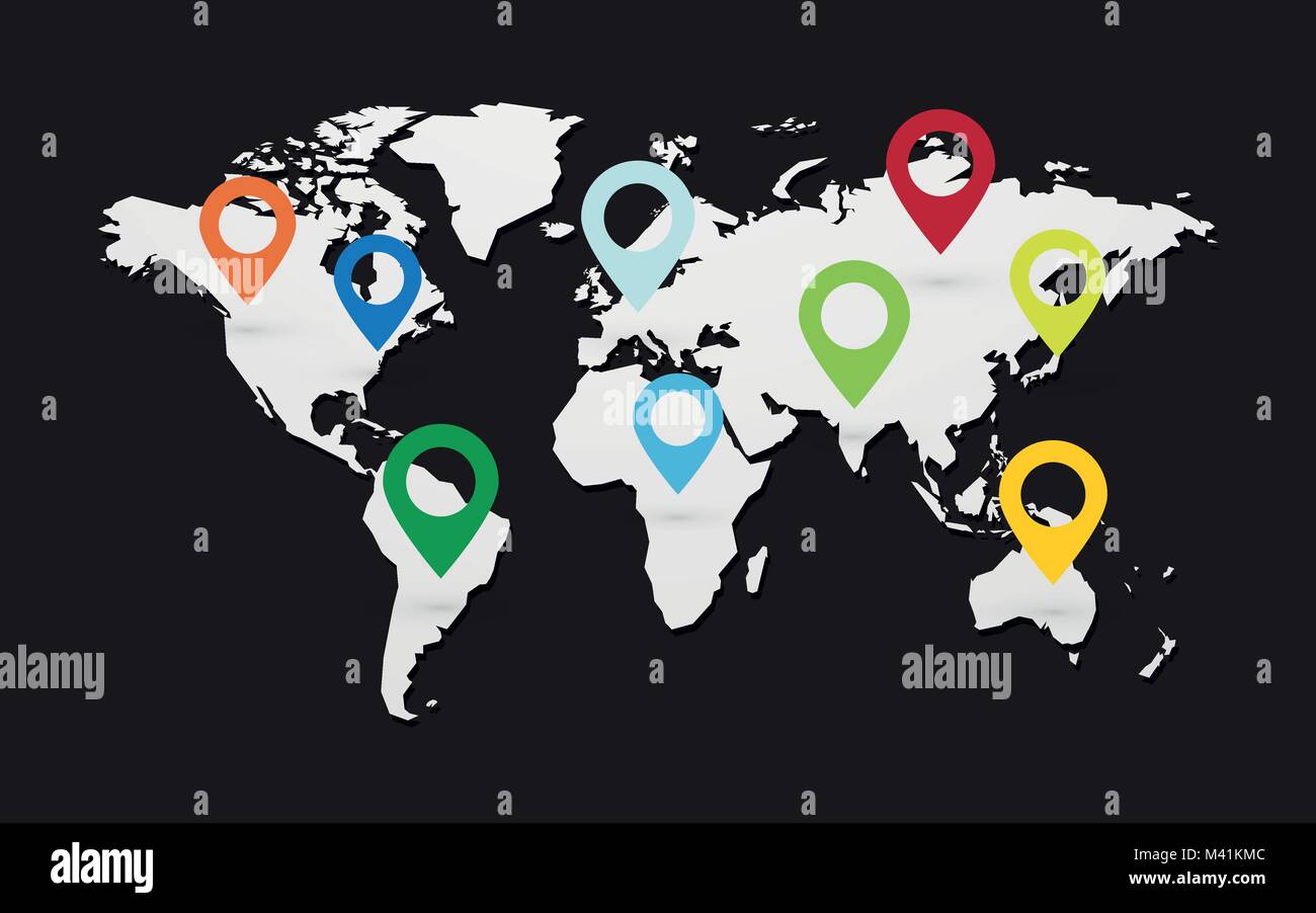 Set Of Colored Map Pointers With World Map On Black Background Stock