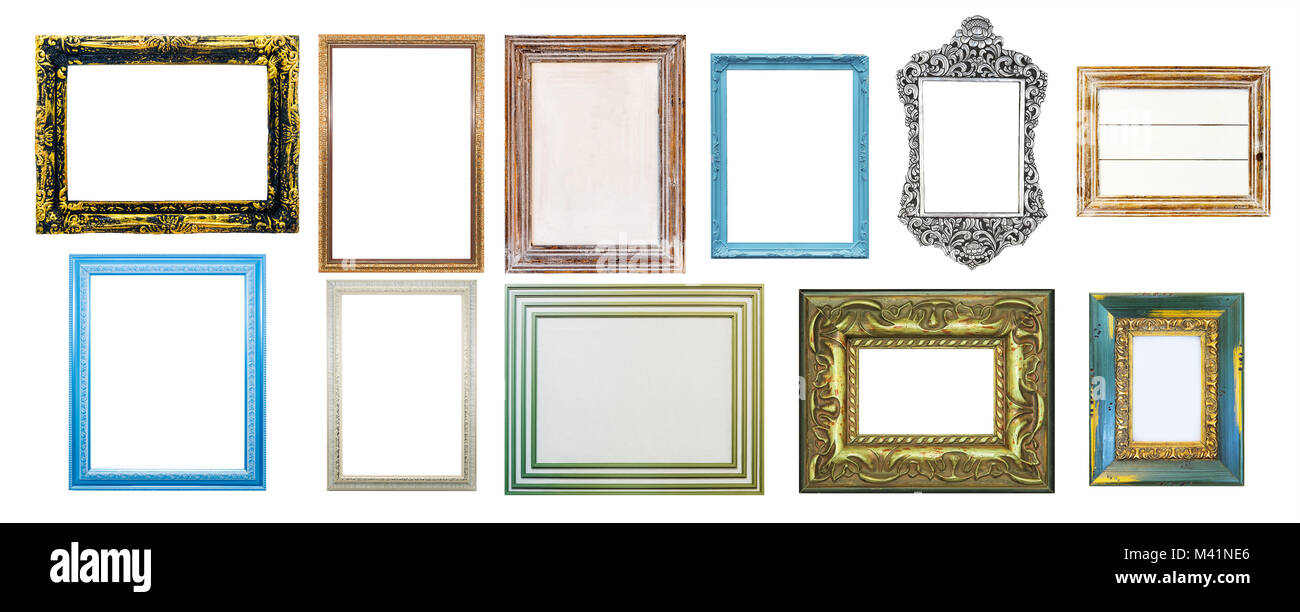 Collection of shabby distressed picture frames, isolated on white ...