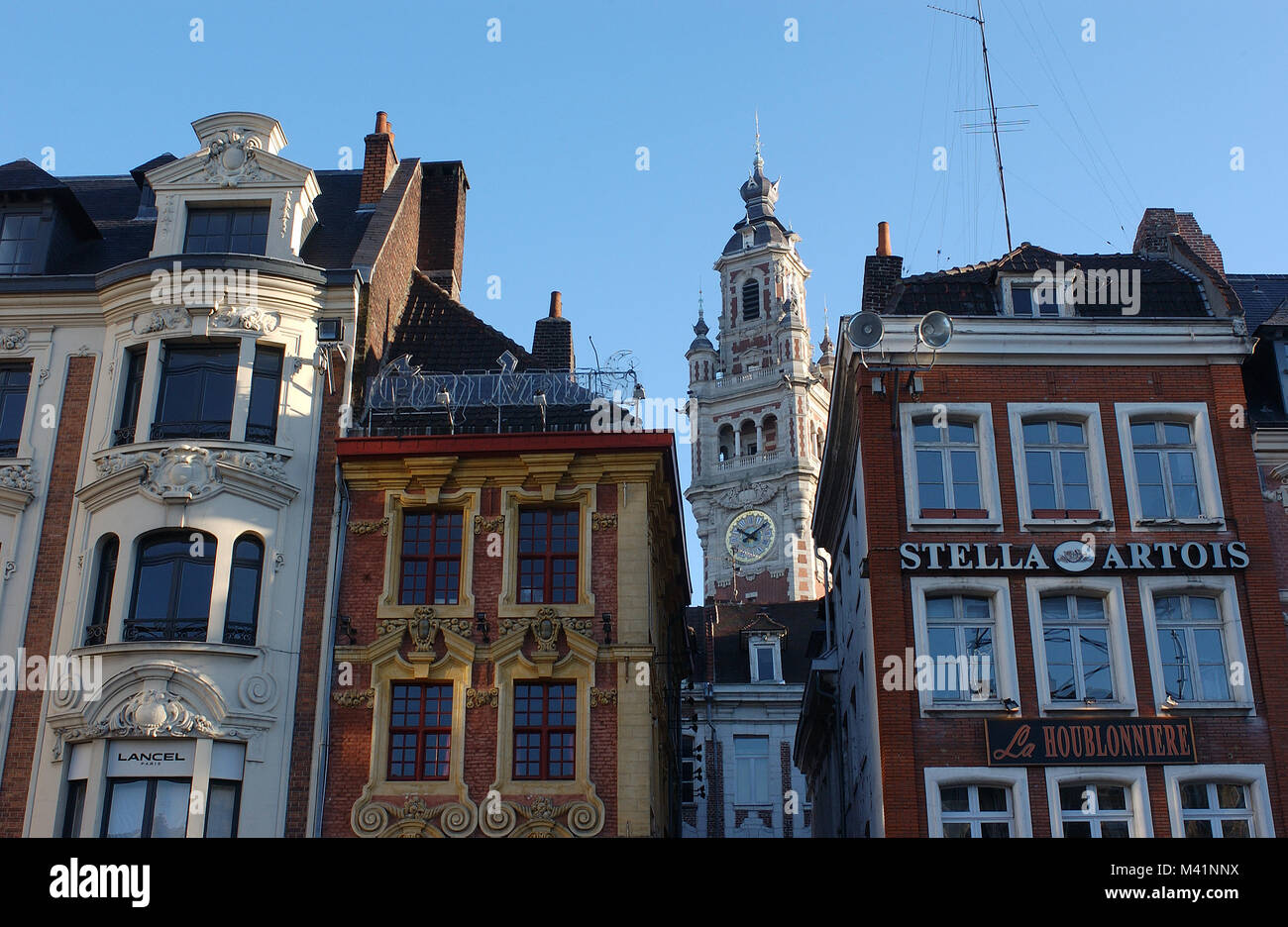 France, Nord, Lille, old buildings on the square and belfry of Chamber ...