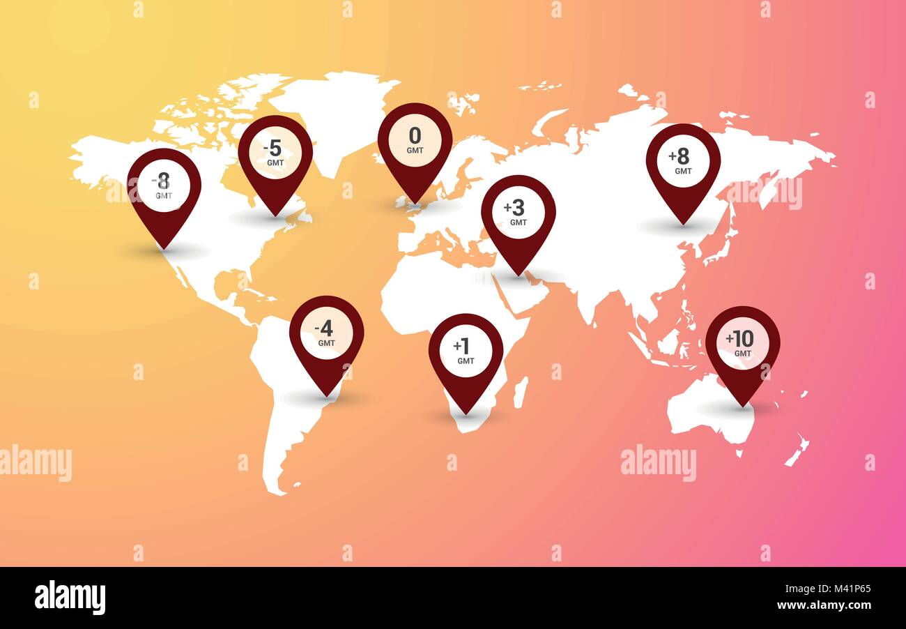 time zones with world map on modern color gradient background Stock ...