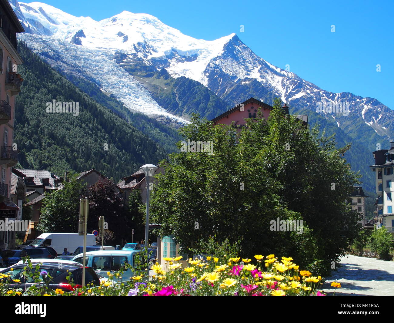 CHAMONIX MONT BLANC village with high alpine mountains range landscapes ...
