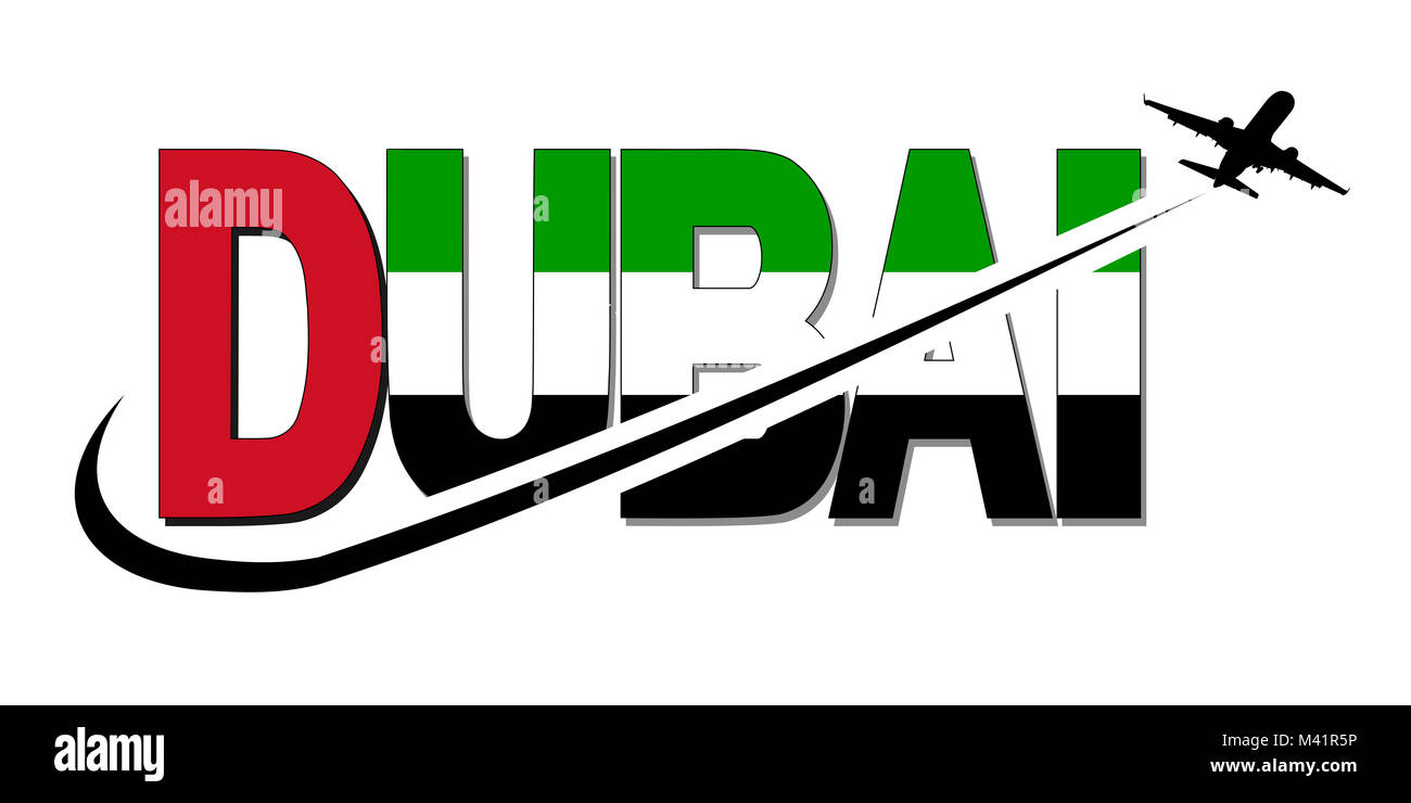 Dubai flag text with plane silhouette and swoosh illustration Stock ...