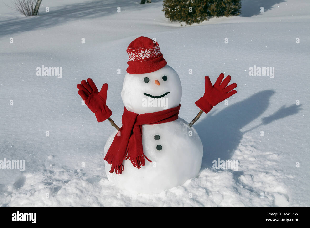 Amuzing snowman wearing his red outfit Stock Photo - Alamy