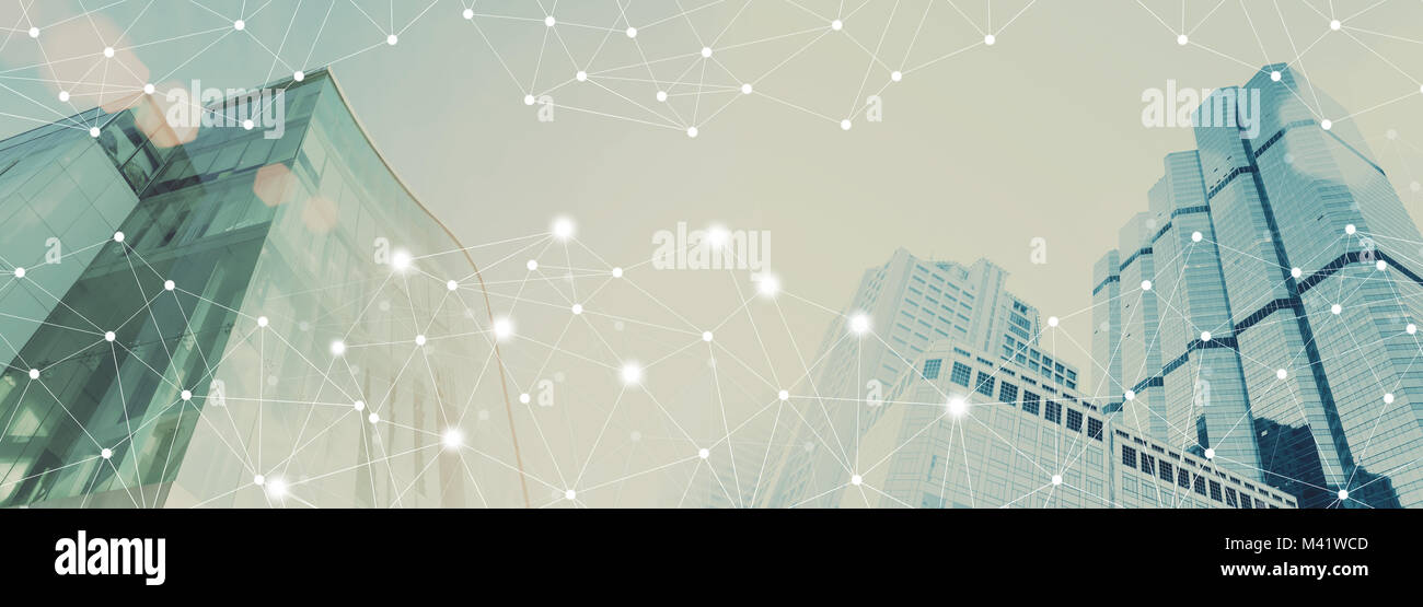 Line of network connection with cityscape in background. Smart city ...