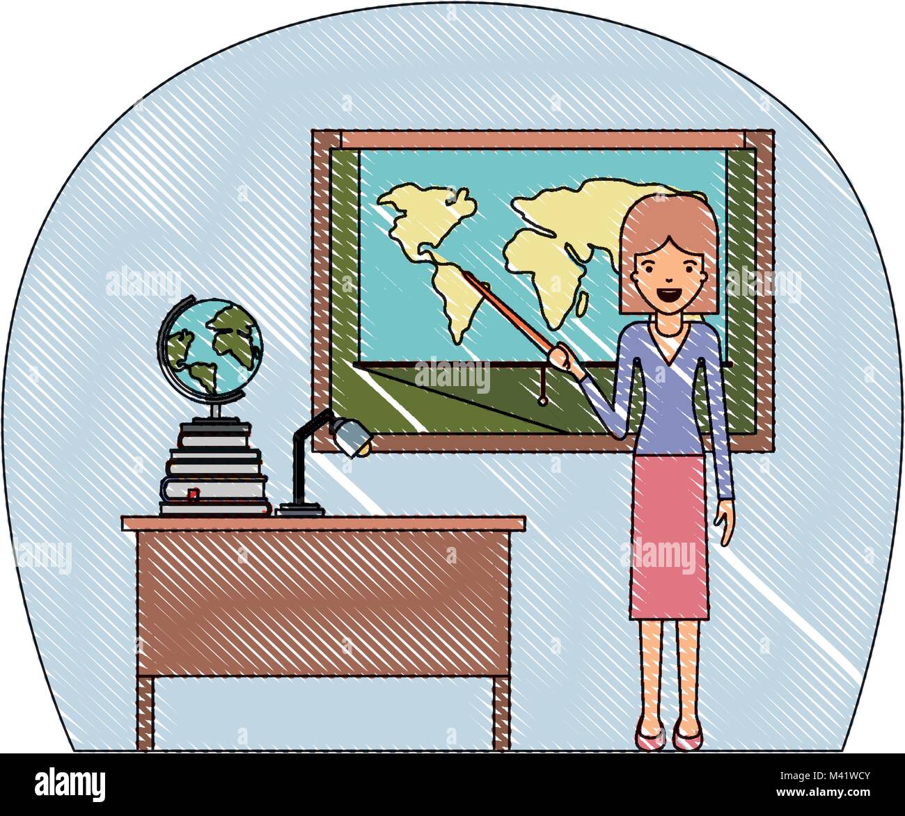 female teacher in geography class with pile books Stock Vector Image ...