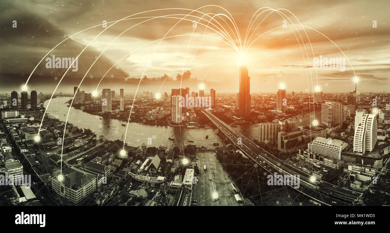 Network connection line between building over top view of cityscape ...