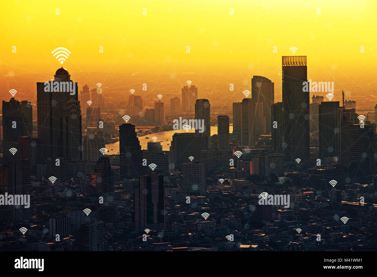 Modern connection in business district city at sunset. Wifi connection ...