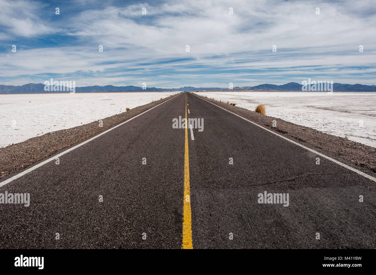 A long, straight highway cutting through salt flats in the Andes ...