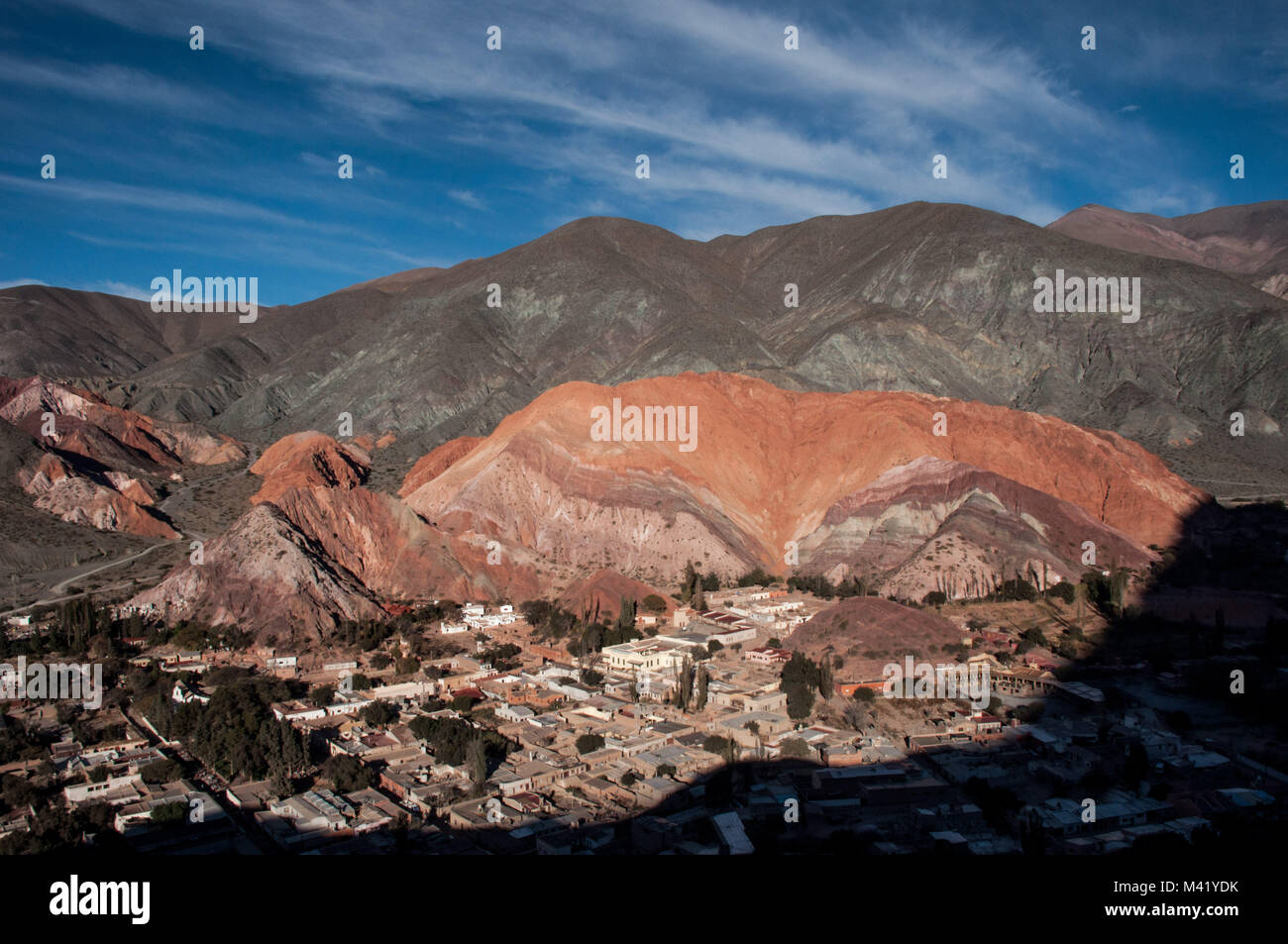 A panoramic landscape view of the city of Purmamarca in Argentina, with ...