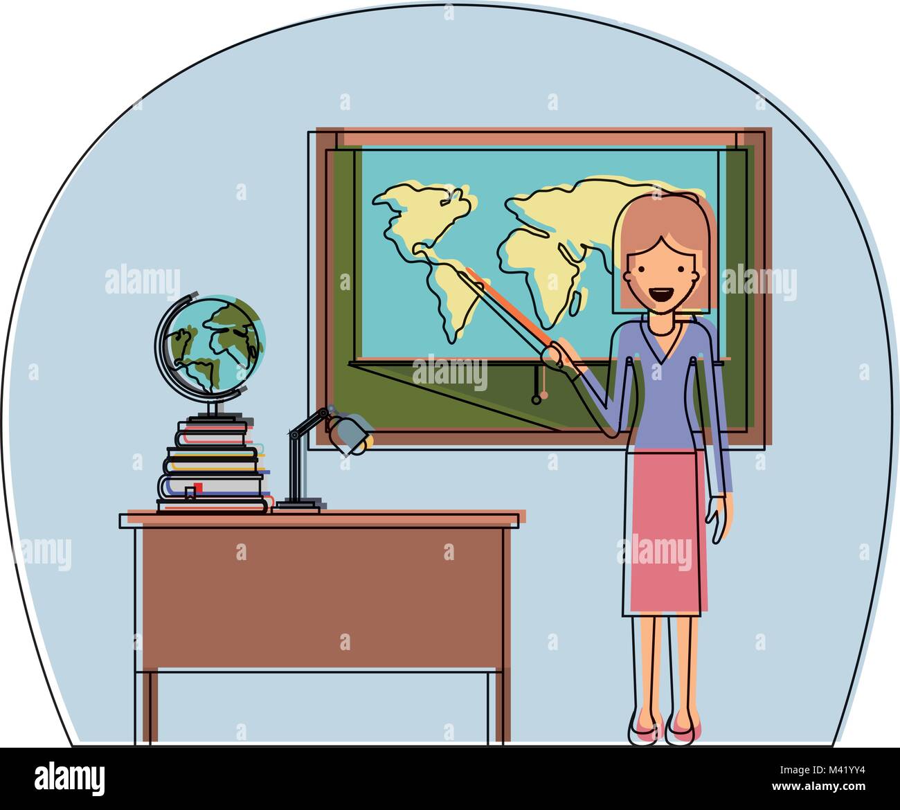 female teacher in geography class with pile books Stock Vector Image ...
