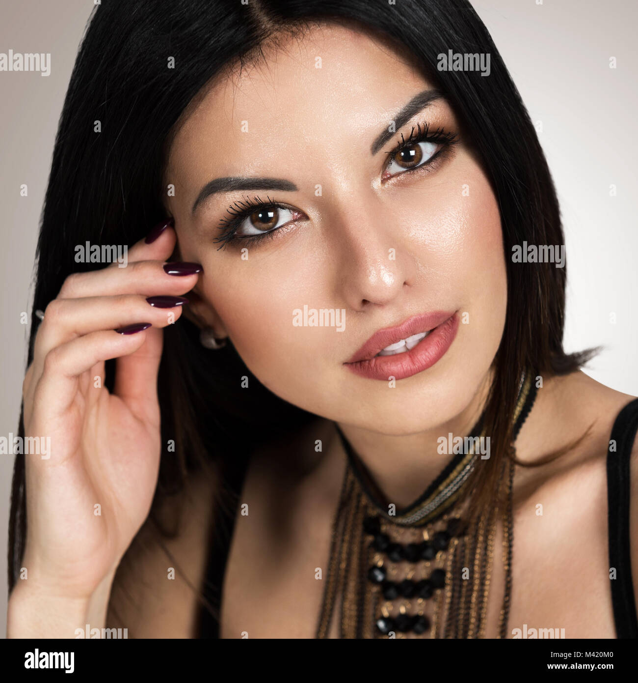 Portrait Of A Beautiful Young Dark Haired Woman Female Face Close Up