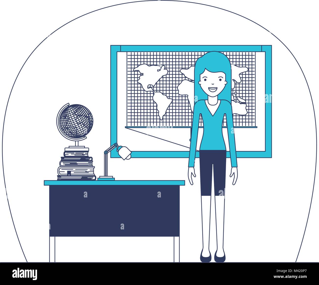 female teacher in geography class with pile books Stock Vector Image ...