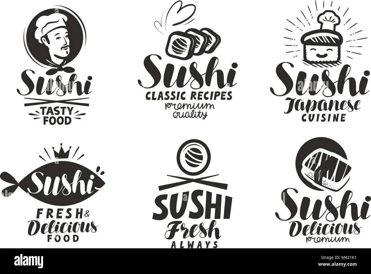 Sushi and Rolls logo or label. Japanese food menu. Lettering vector ...