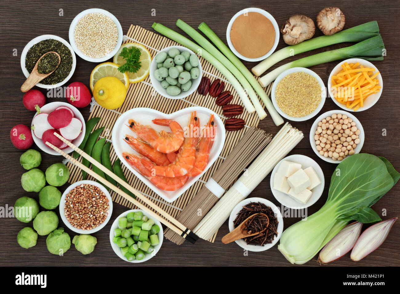 Japanese macrobiotic health food with seafood, kuchika tea, soba and ...