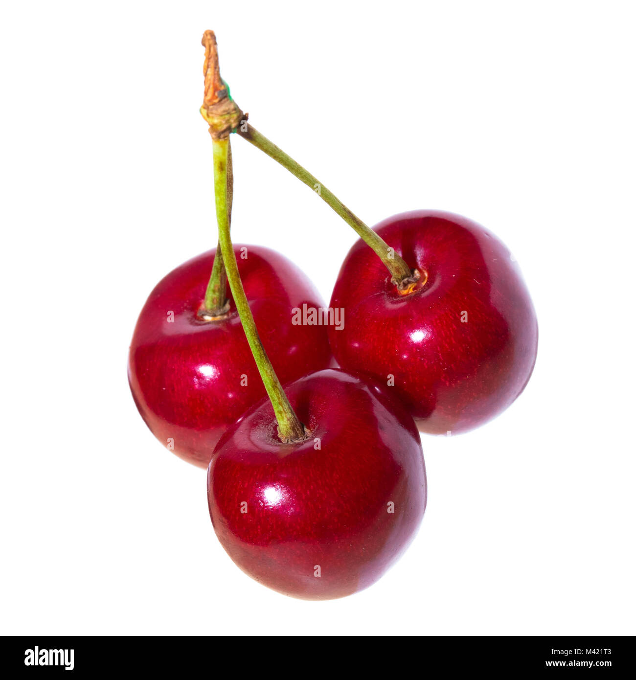Three organic sweet cherries isolated on a white background Stock Photo ...