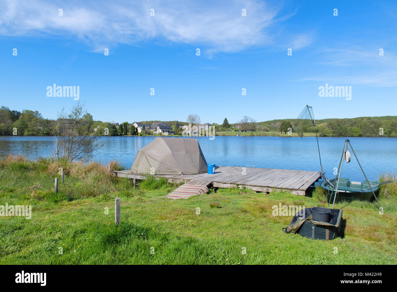 lake in French Limousin with fishing tent and place Stock Photo - Alamy