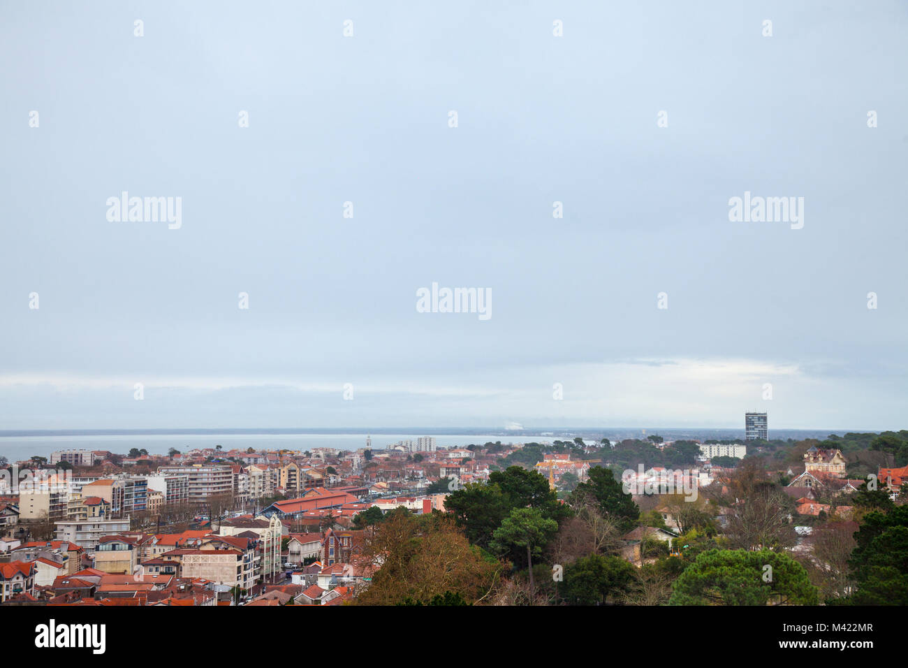 Aerial view of Arcachon, France, during a storm on a cloudy rainy day ...