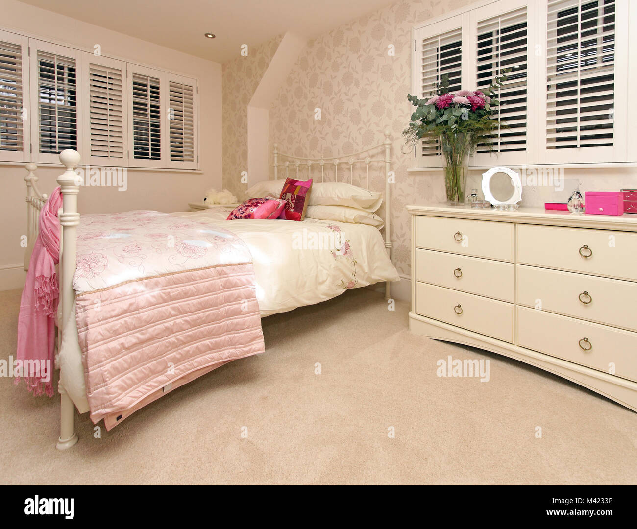 Retro bedroom interior with feminine room decor Stock Photo - Alamy