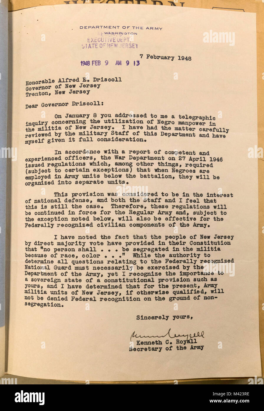 Letter from Kenneth C. Royall, Secretary of the Army, sent to New ...