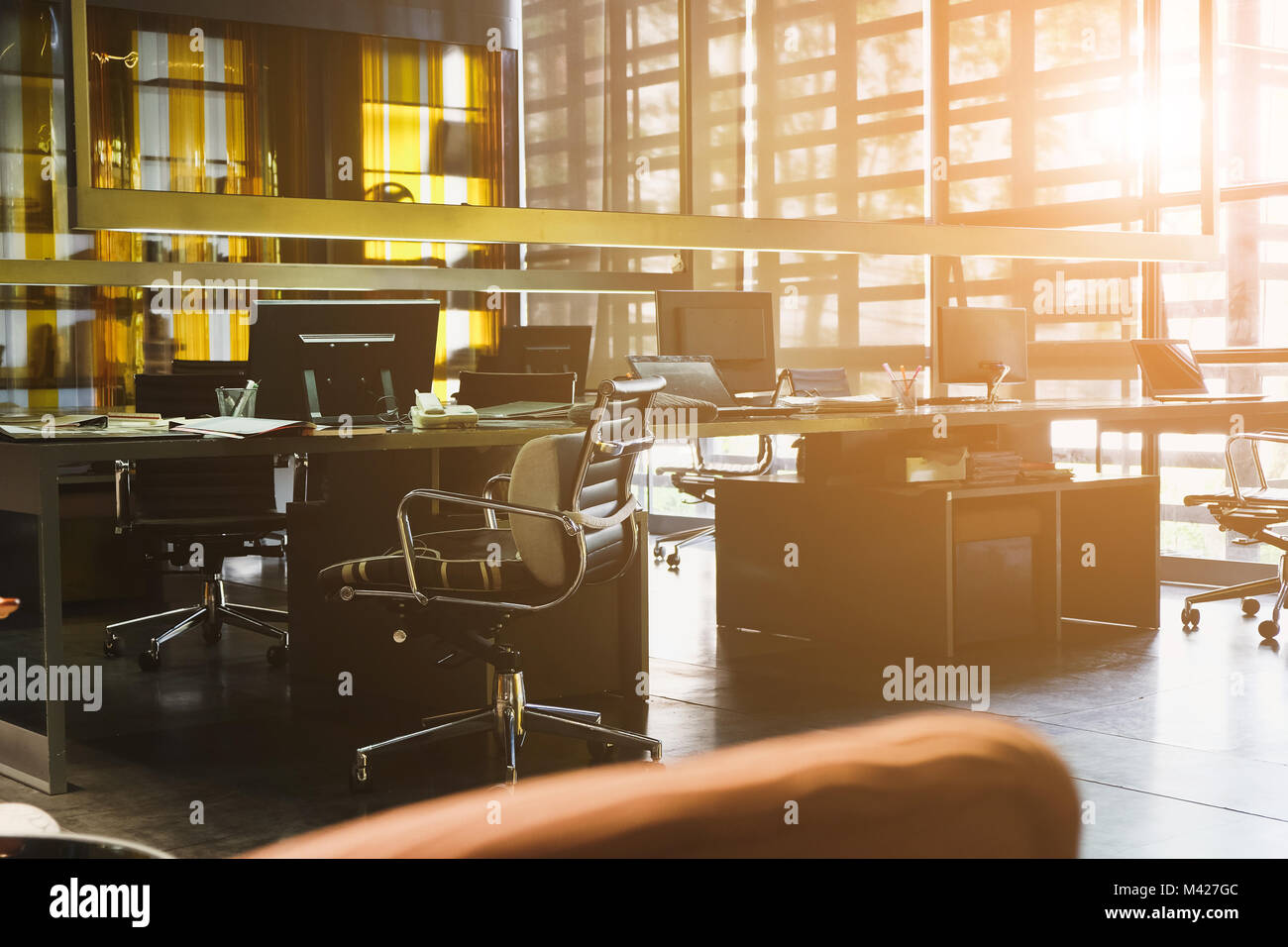 Office desk, image of modern office interior background. An idea of ...