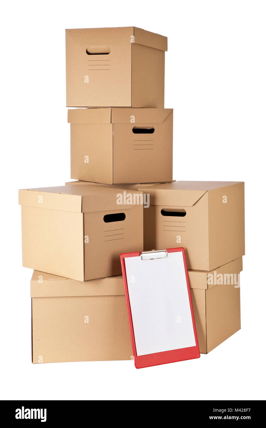 Cardboard boxes on white background Stock Photo - Alamy