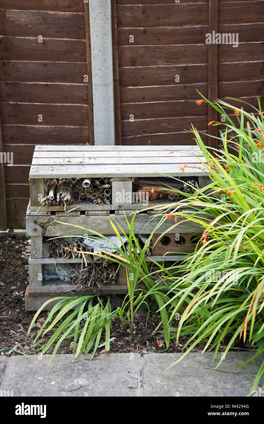 Overwintering insect hide constructed from old pallets tucked away in a ...