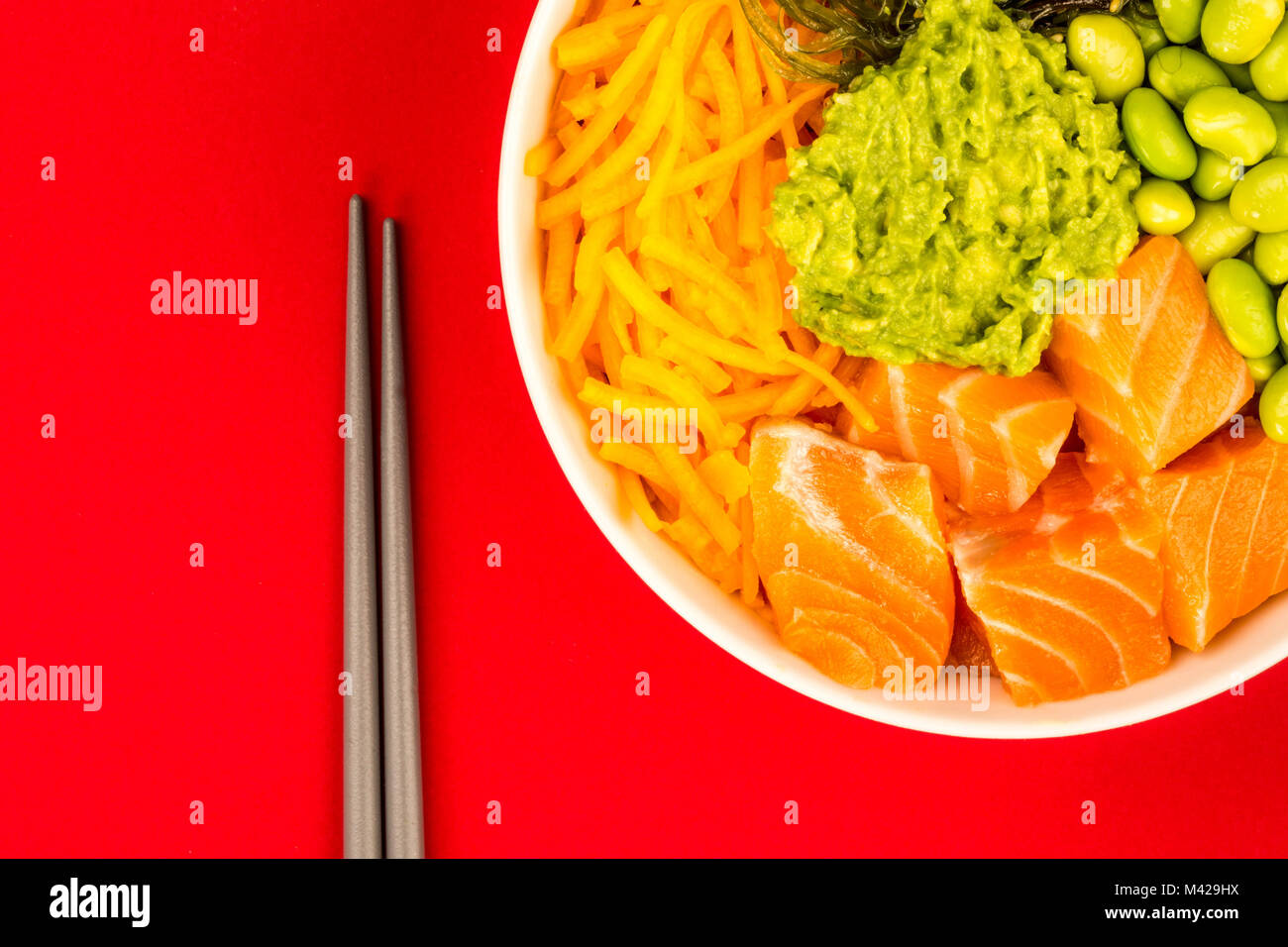 Hawaiian Style Raw Salmon Sashimi Poke Bowl With Edamame Beans And ...