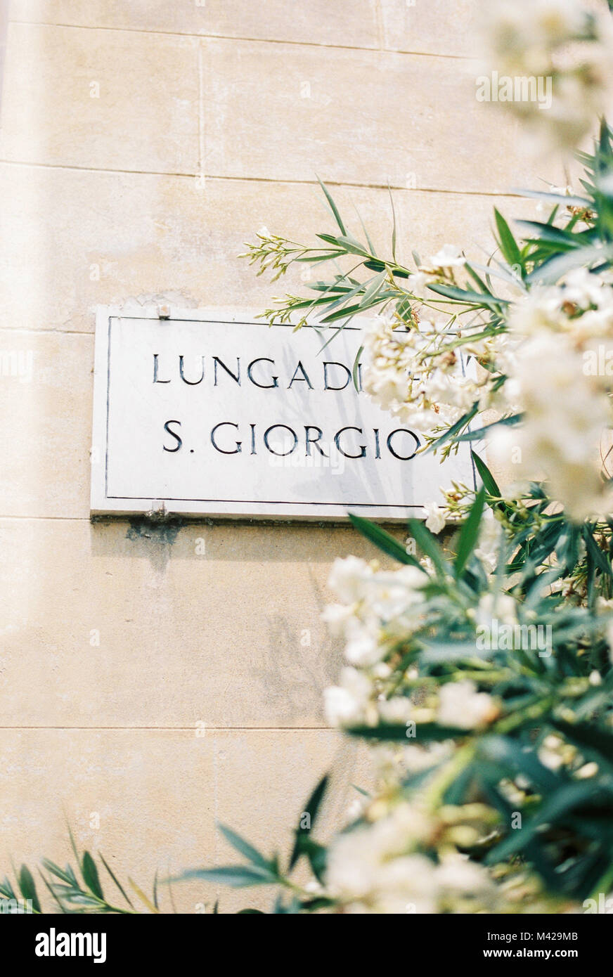 Street sign in a street in Verona Italy. With some greenery in front of ...