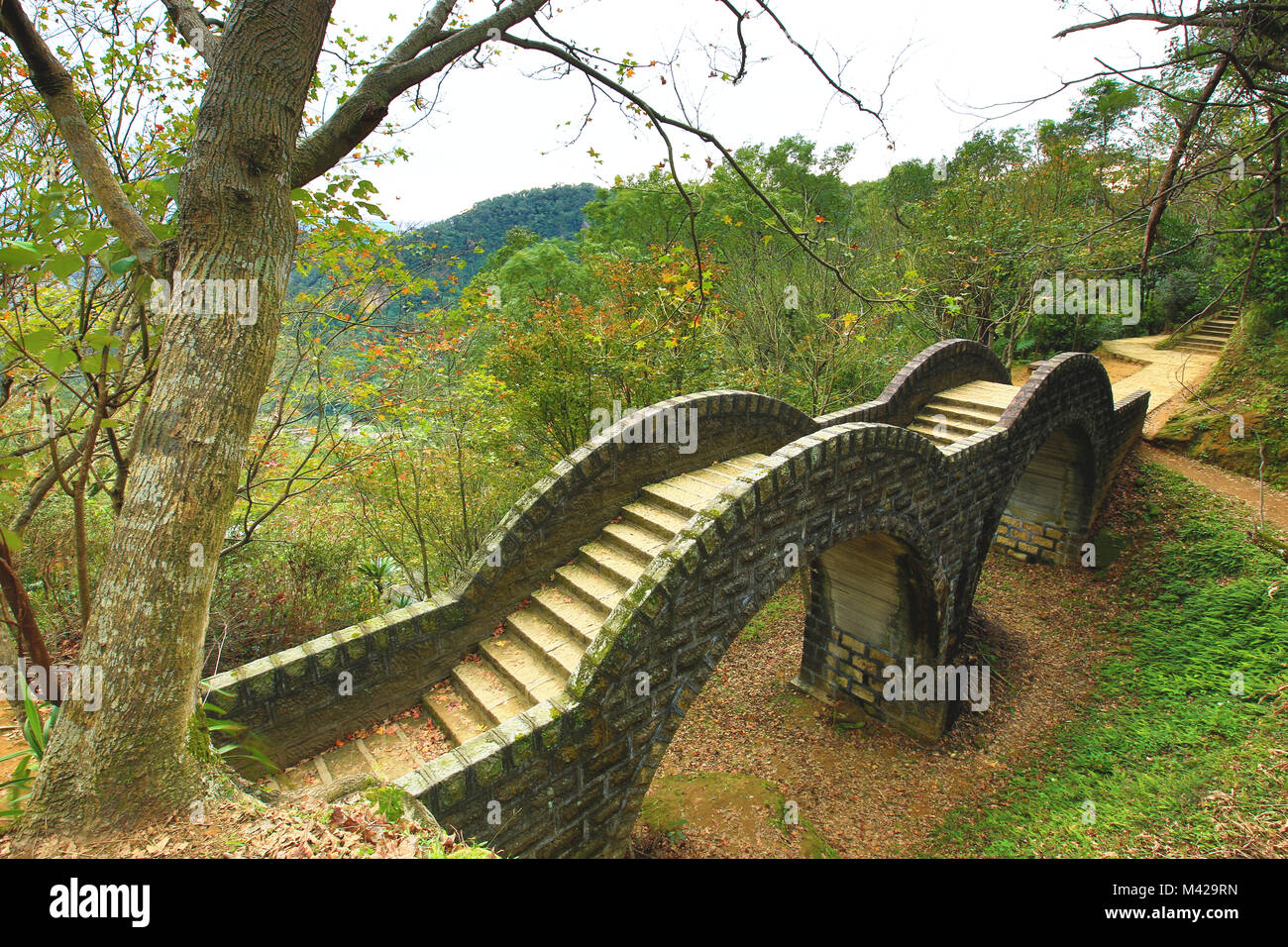 Arch Bridge among the valley with stairs and maple trees Stock Photo ...