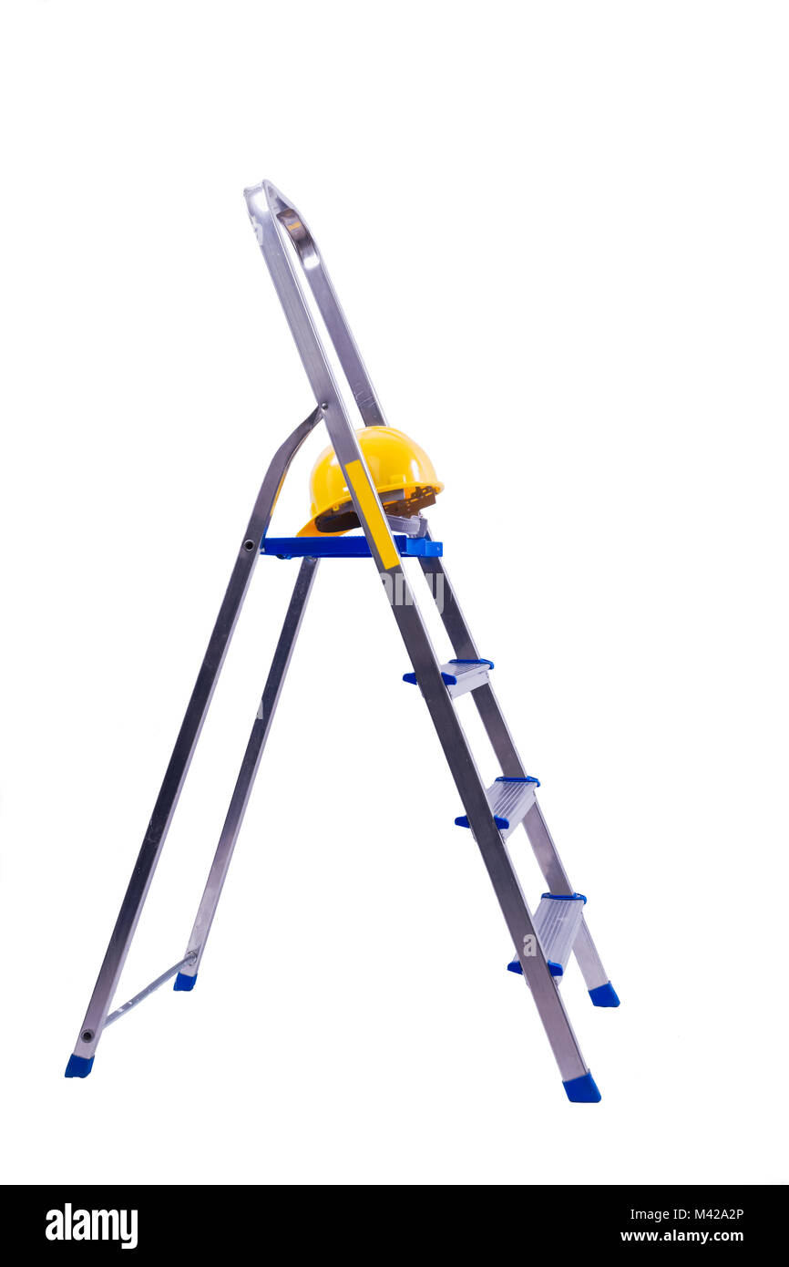 Open-work ladder with yellow helmet for housework Stock Photo - Alamy