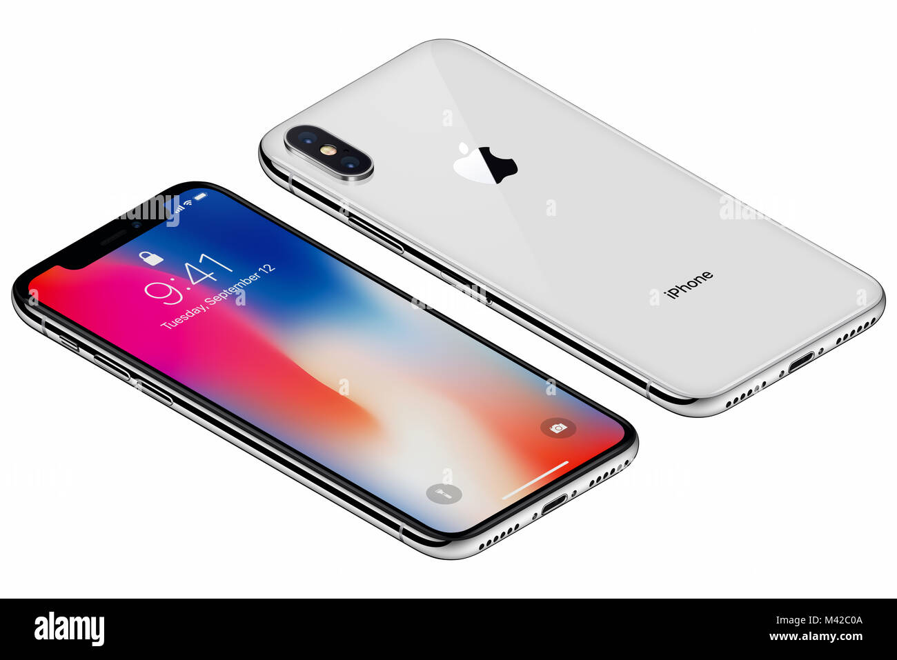 Isometric Silver Apple iPhone X front side with iOS 11 lockscreen and ...