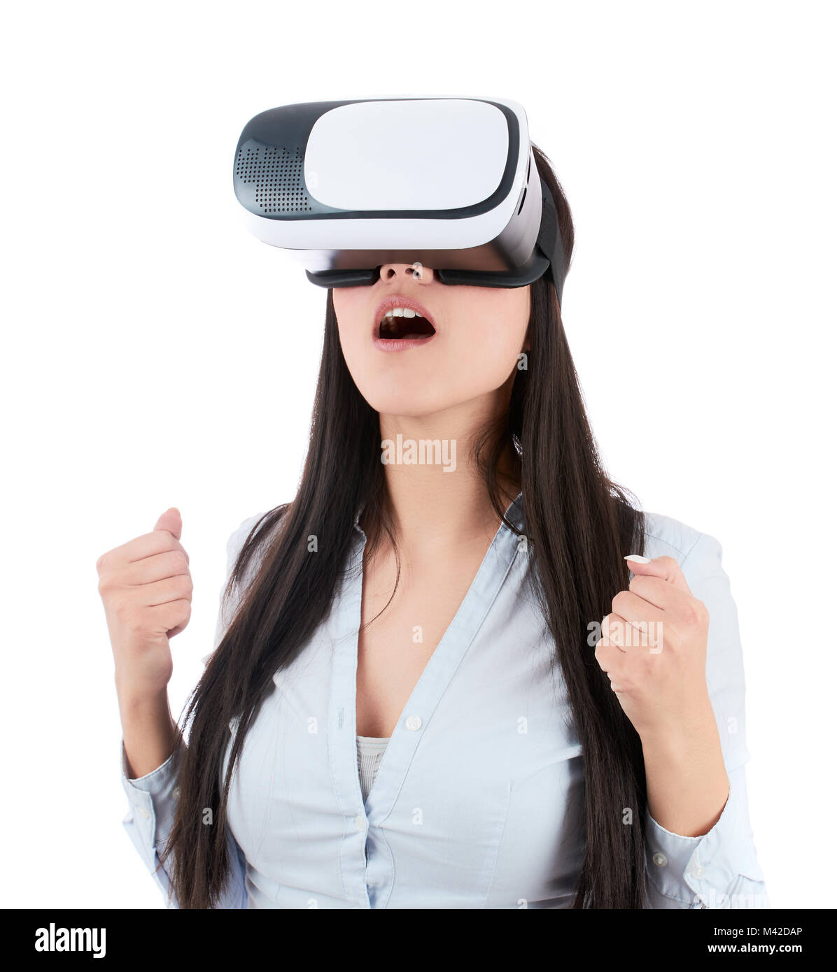 Young woman is using VR headset isolated on white background Stock ...