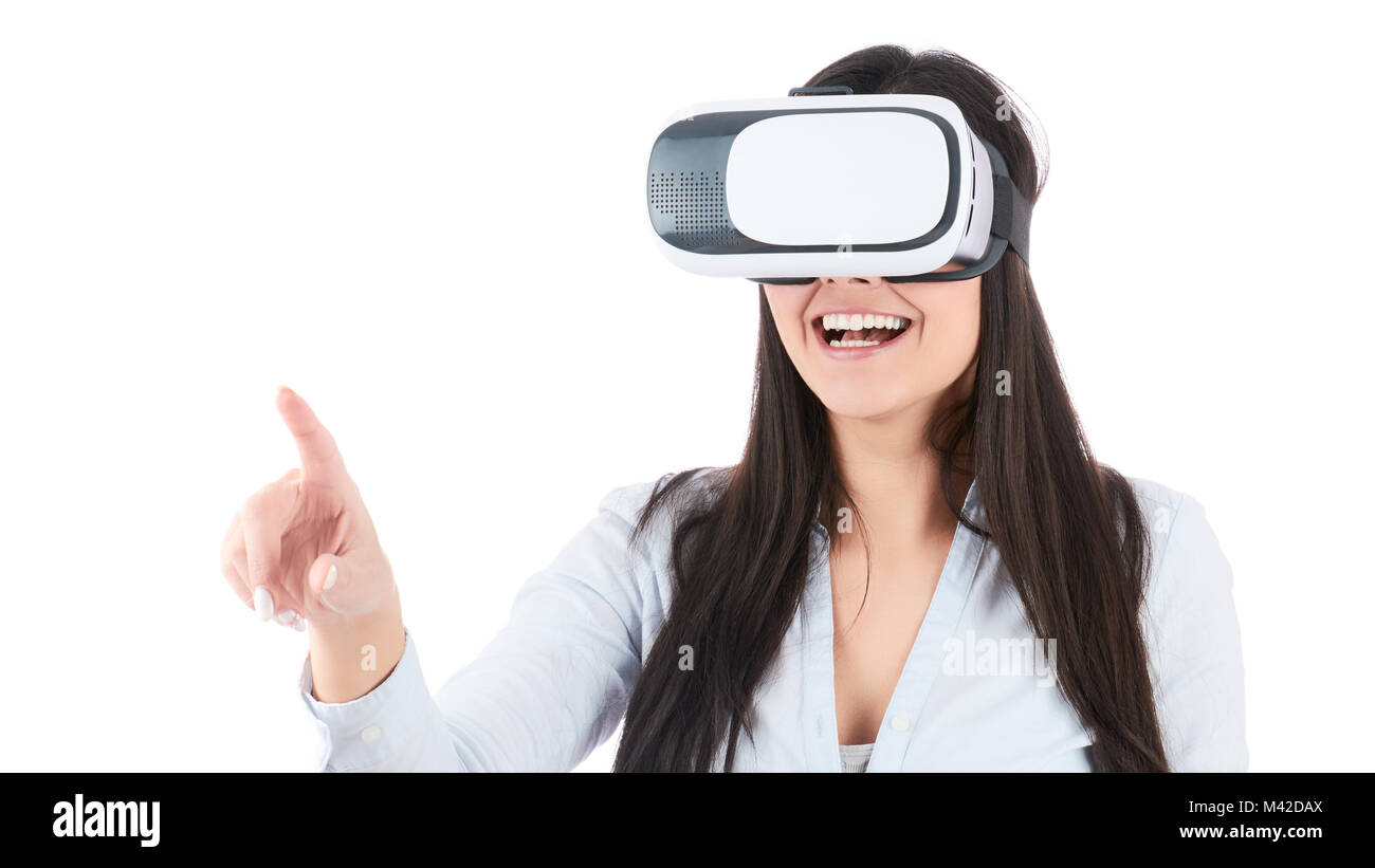 Young woman is using VR headset isolated on white background Stock ...