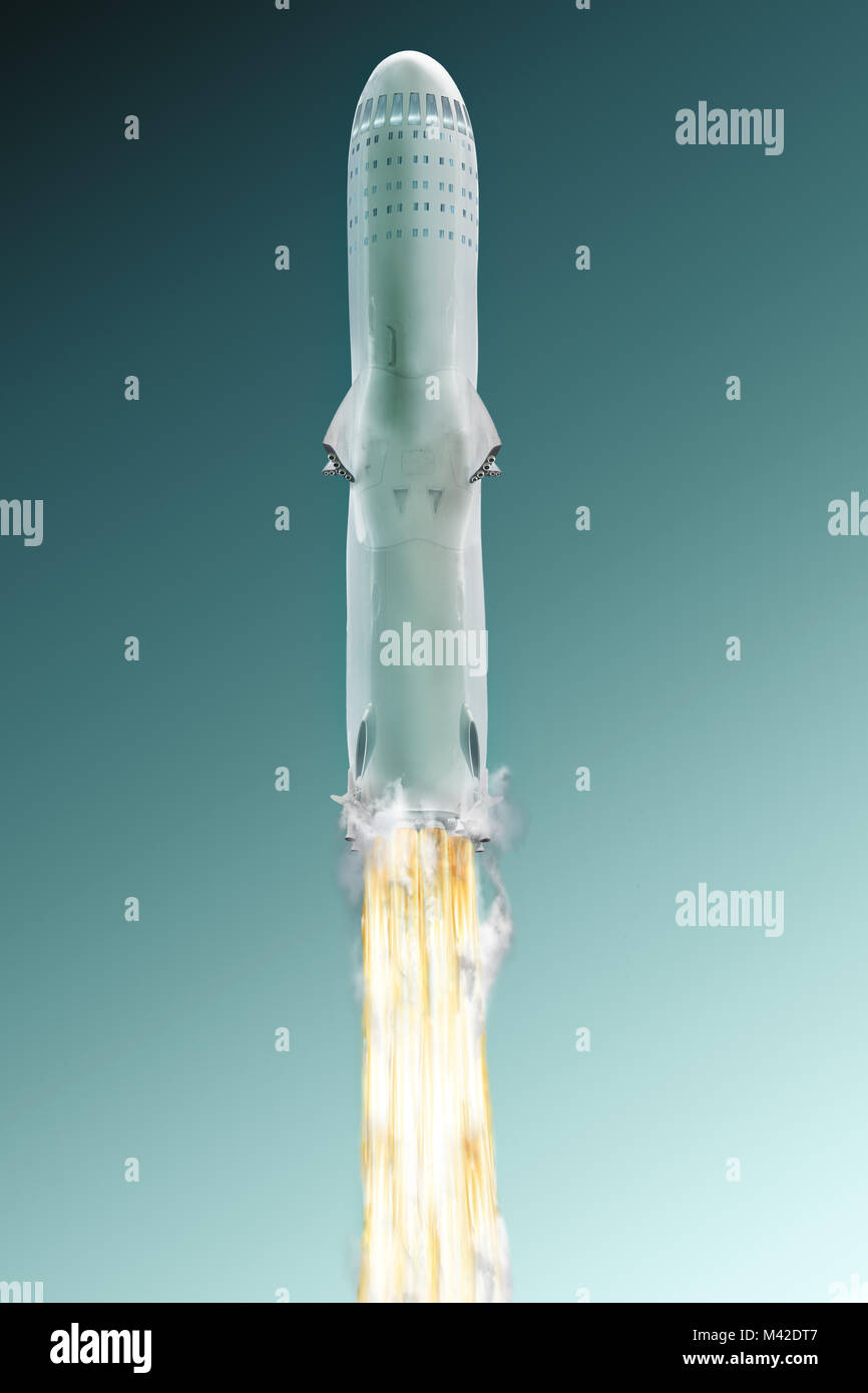 Big interplanetary commercial rocket system in motion over solid ...