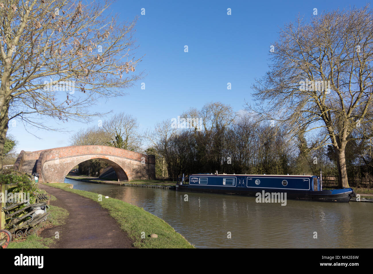 Foxton Locks, showing the main bridge and a Canal Barge Boat Stock ...