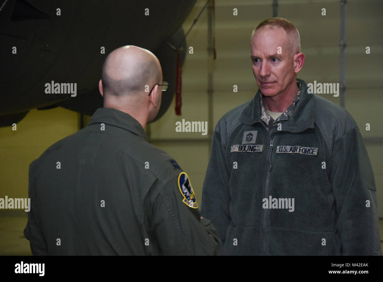 Chief Master Sgt. Alan Boling, 8th Air Force command chief, speaks with ...