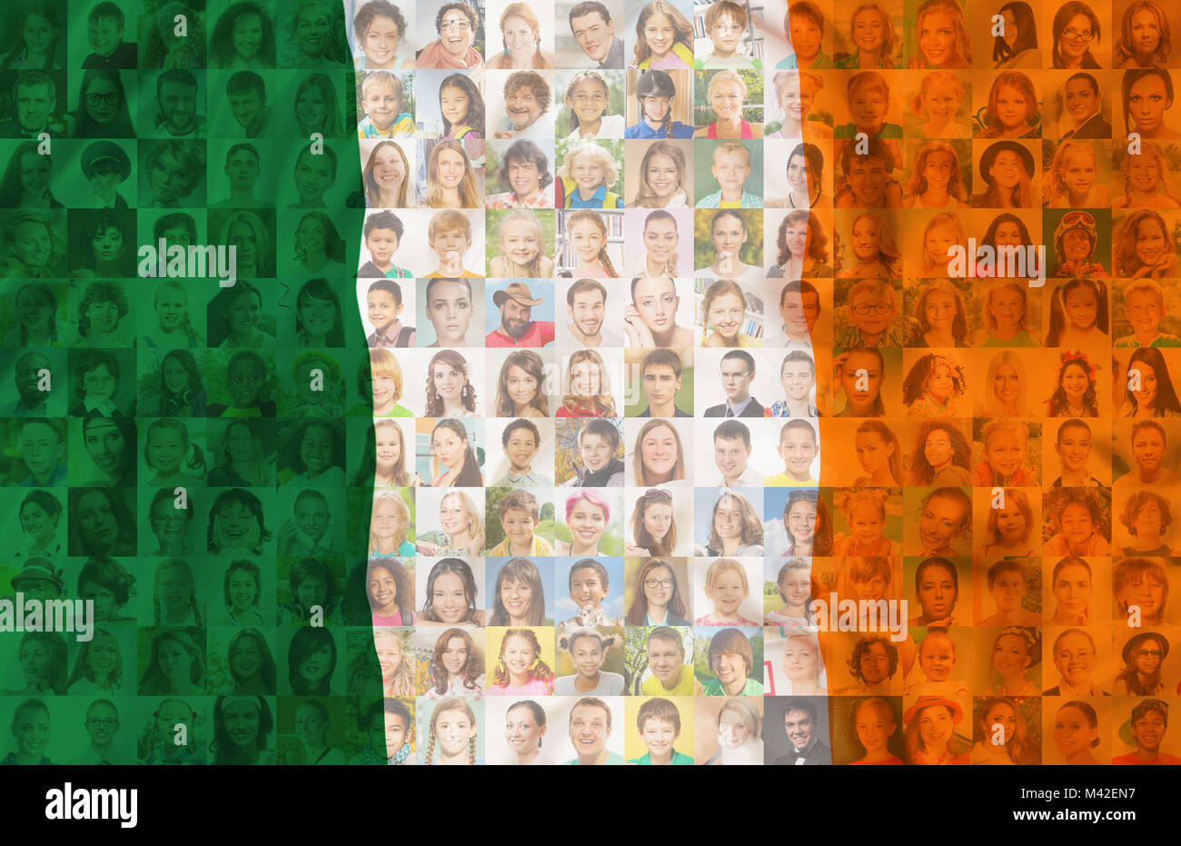 Ireland flag with many face portraits on background of different ...