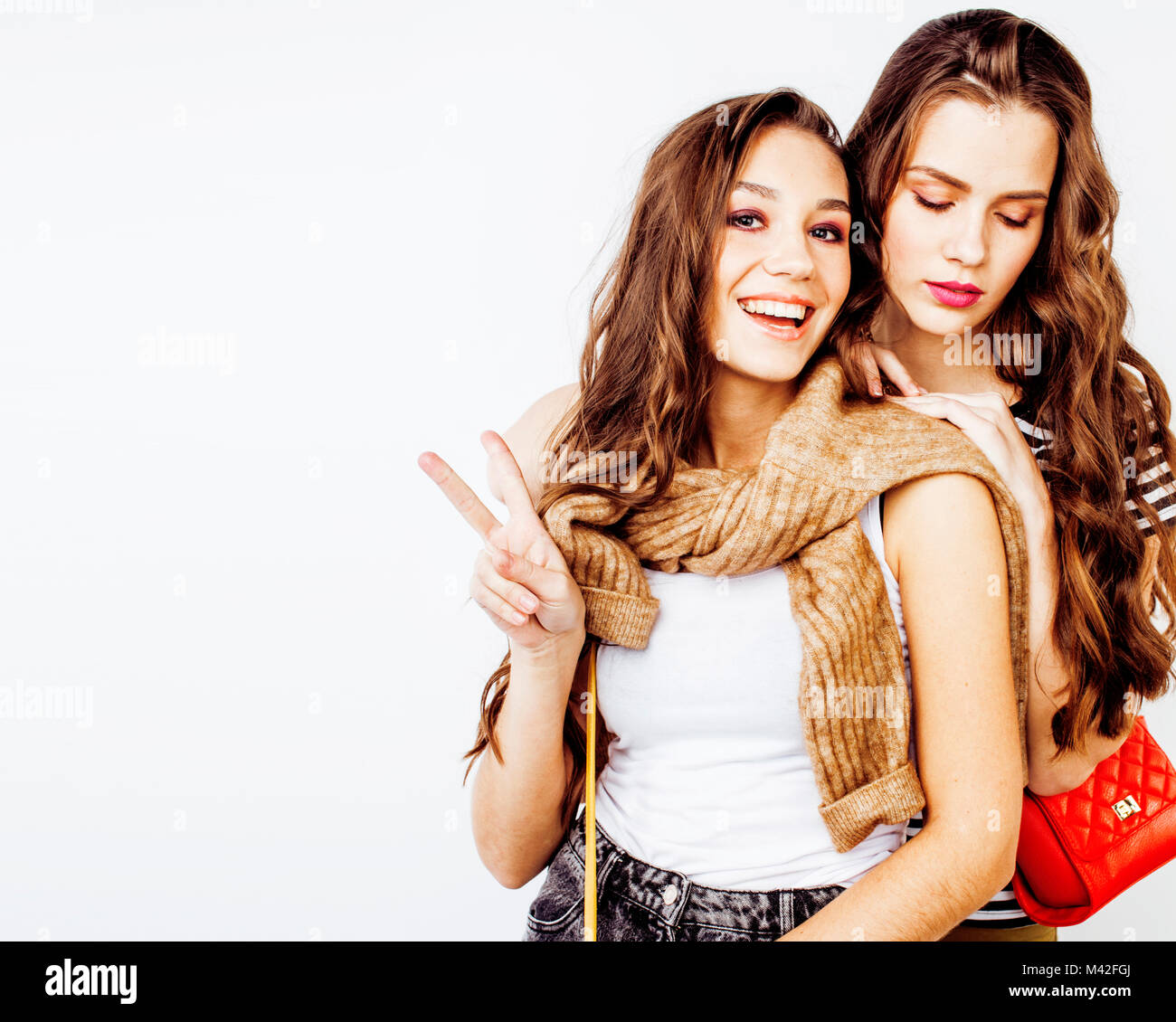 best friends teenage girls together having fun, posing emotional Stock ...