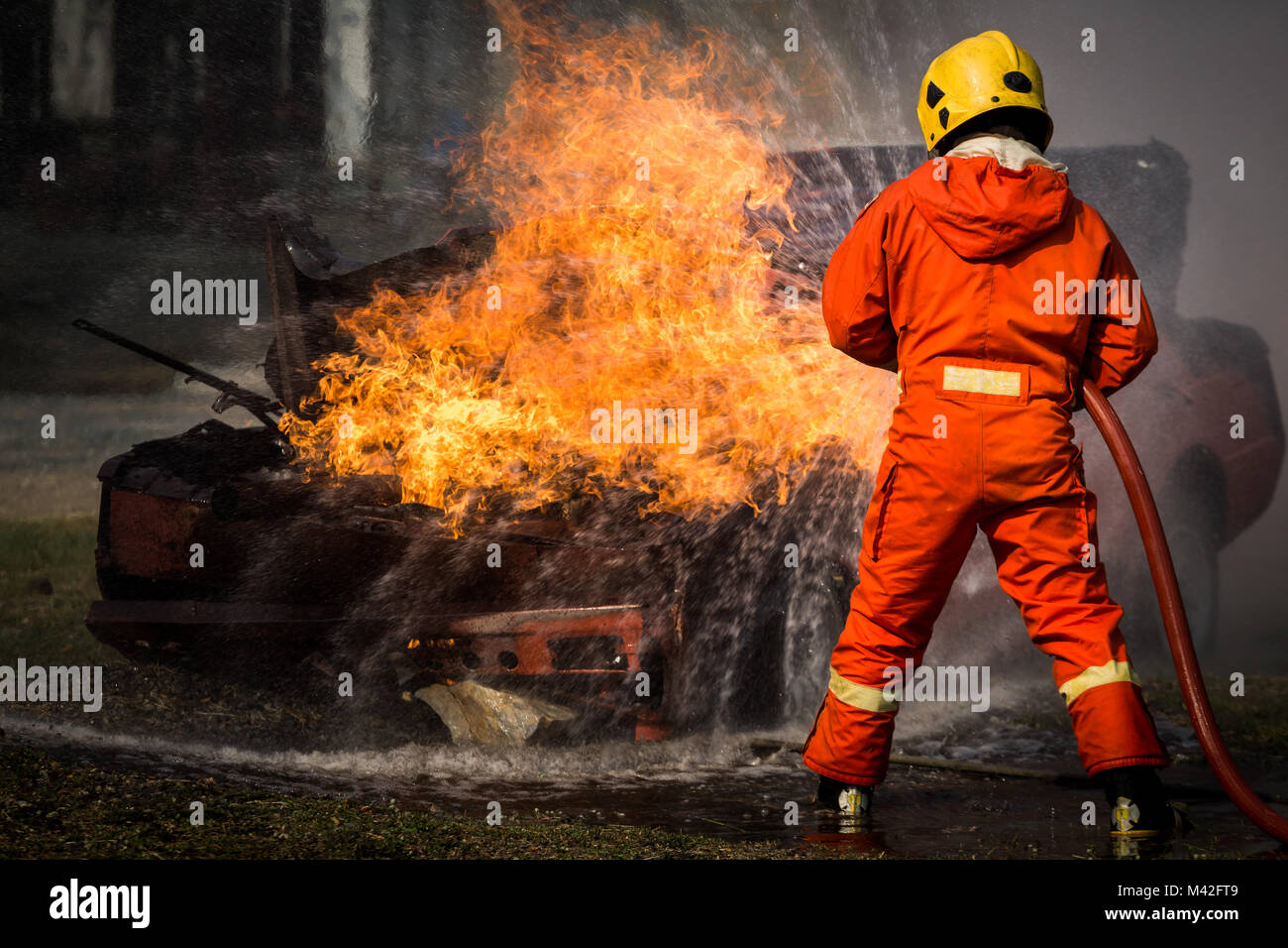 Firefighters training, Team practice to fighting with fire in emergency ...