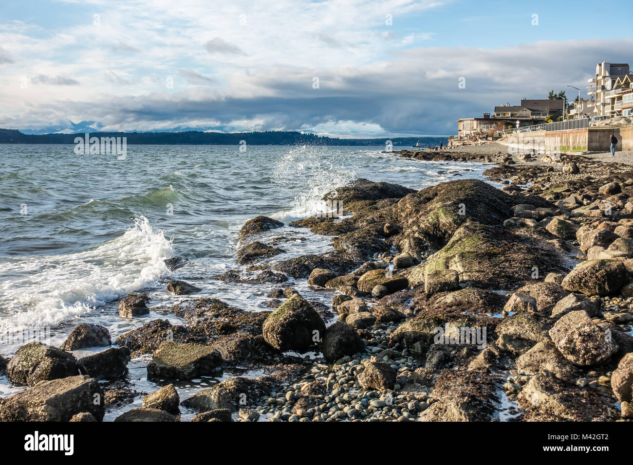 A veiw of the rocky shoreline in West Seattle, Washington Stock Photo ...