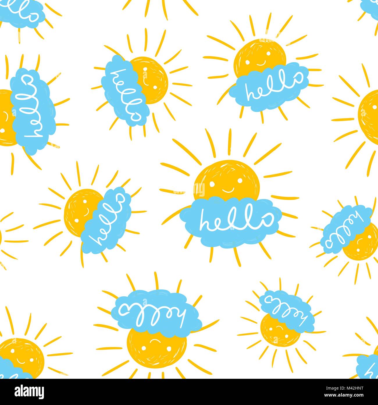 Hello summer hand drawn chalk sun icon seamless pattern background ...