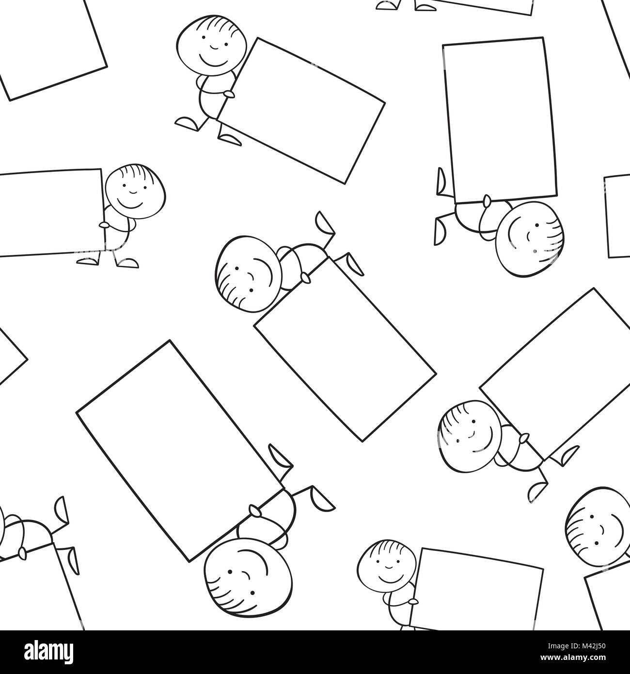 Cartoon kid with placard in their hands seamless pattern background ...