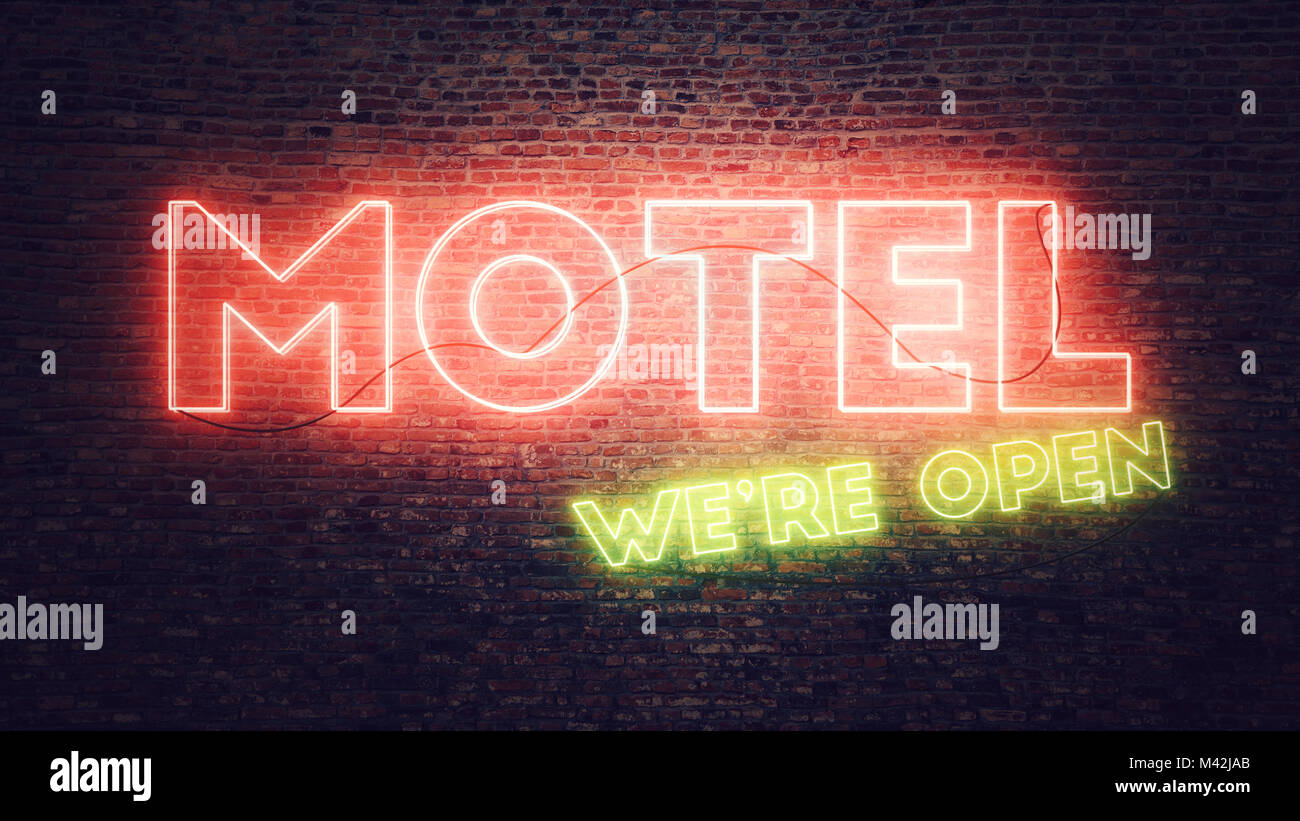 Motel neon sign mounted on brick wall, conceptual 3d render ...