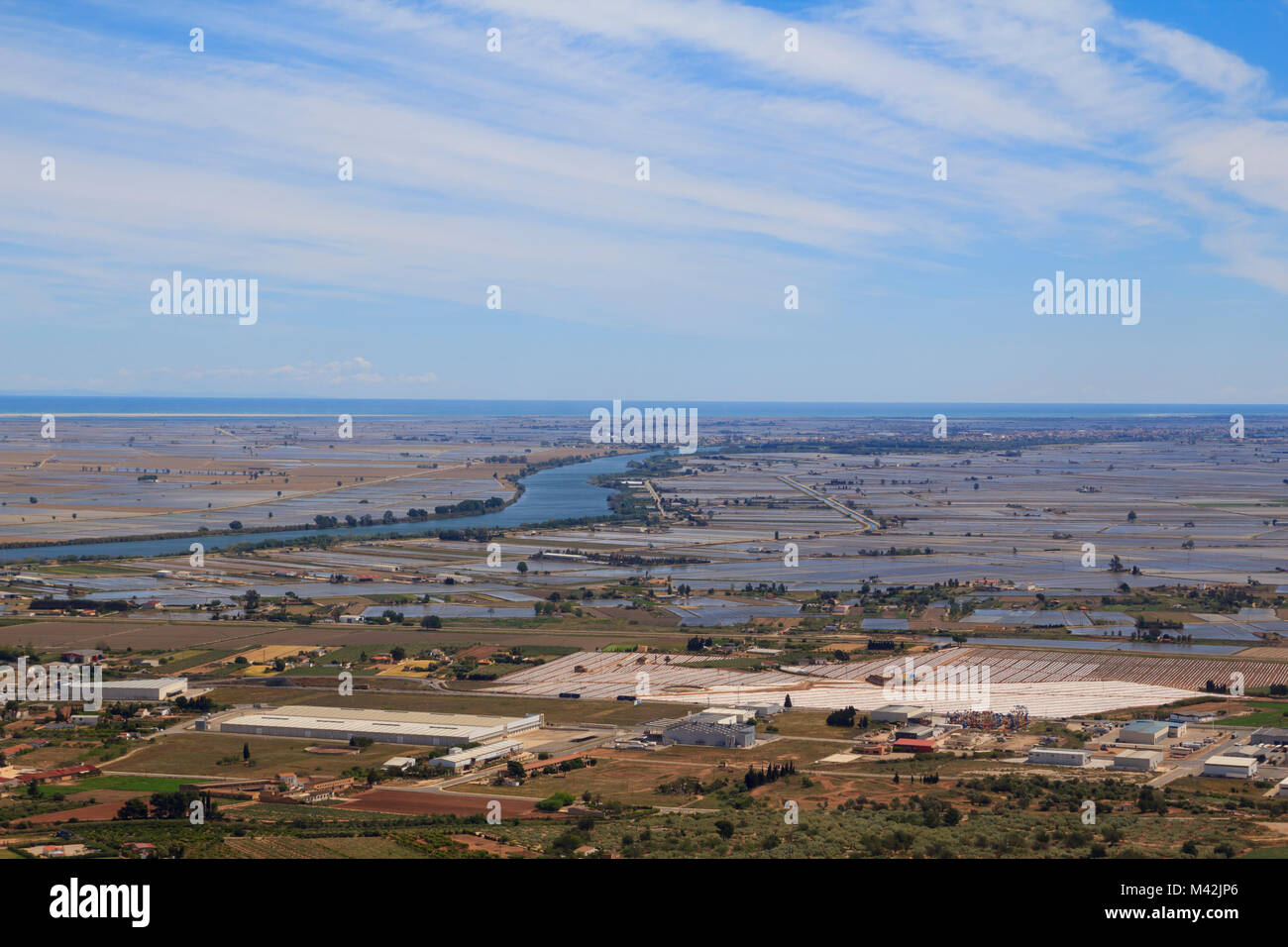 Ebro river and delta, with flooded rice fields in Terres de l'Ebre in ...