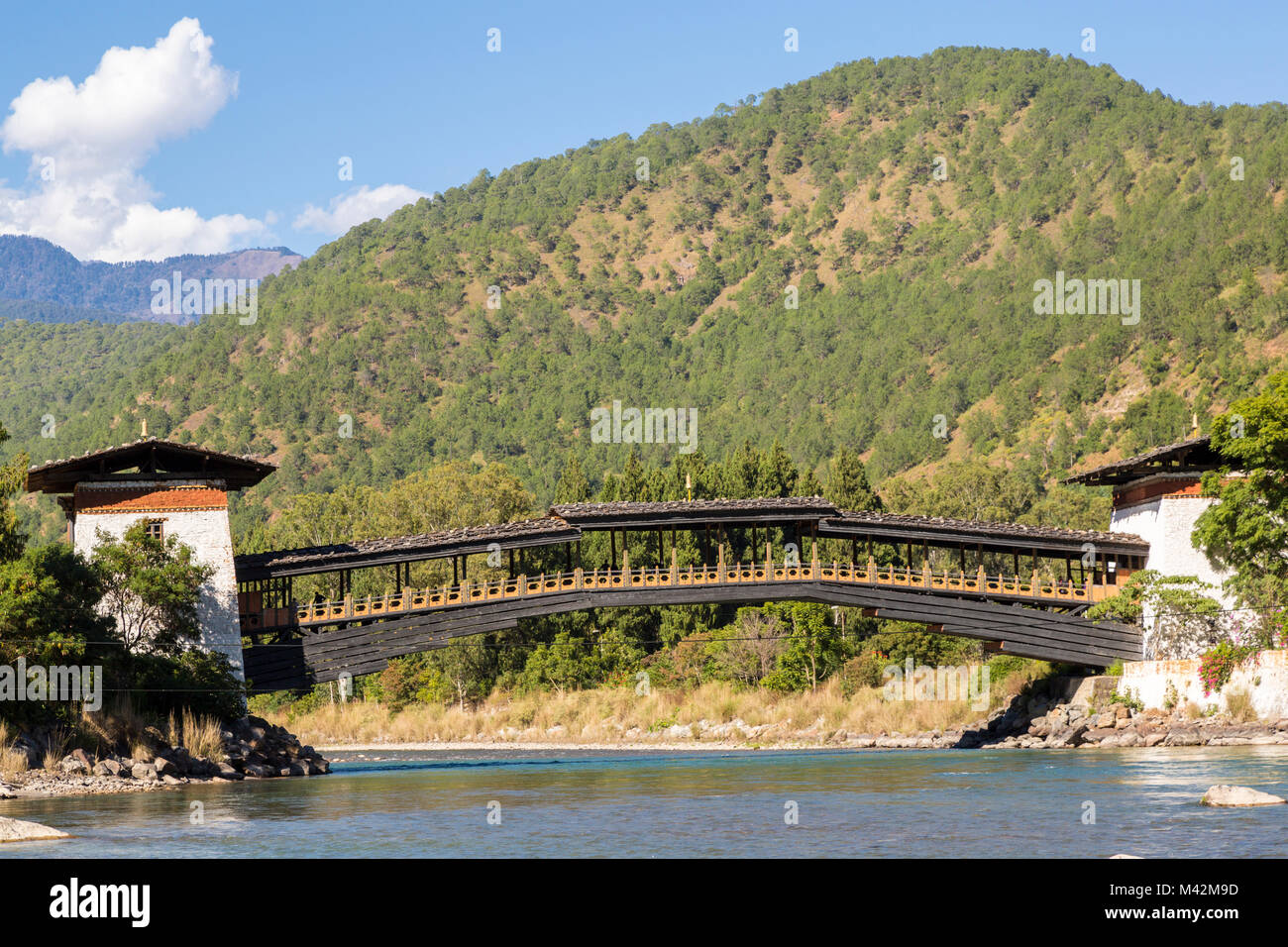 Punakha, Bhutan. Pedestrian Bridge Across the Mo River to the Punakha ...