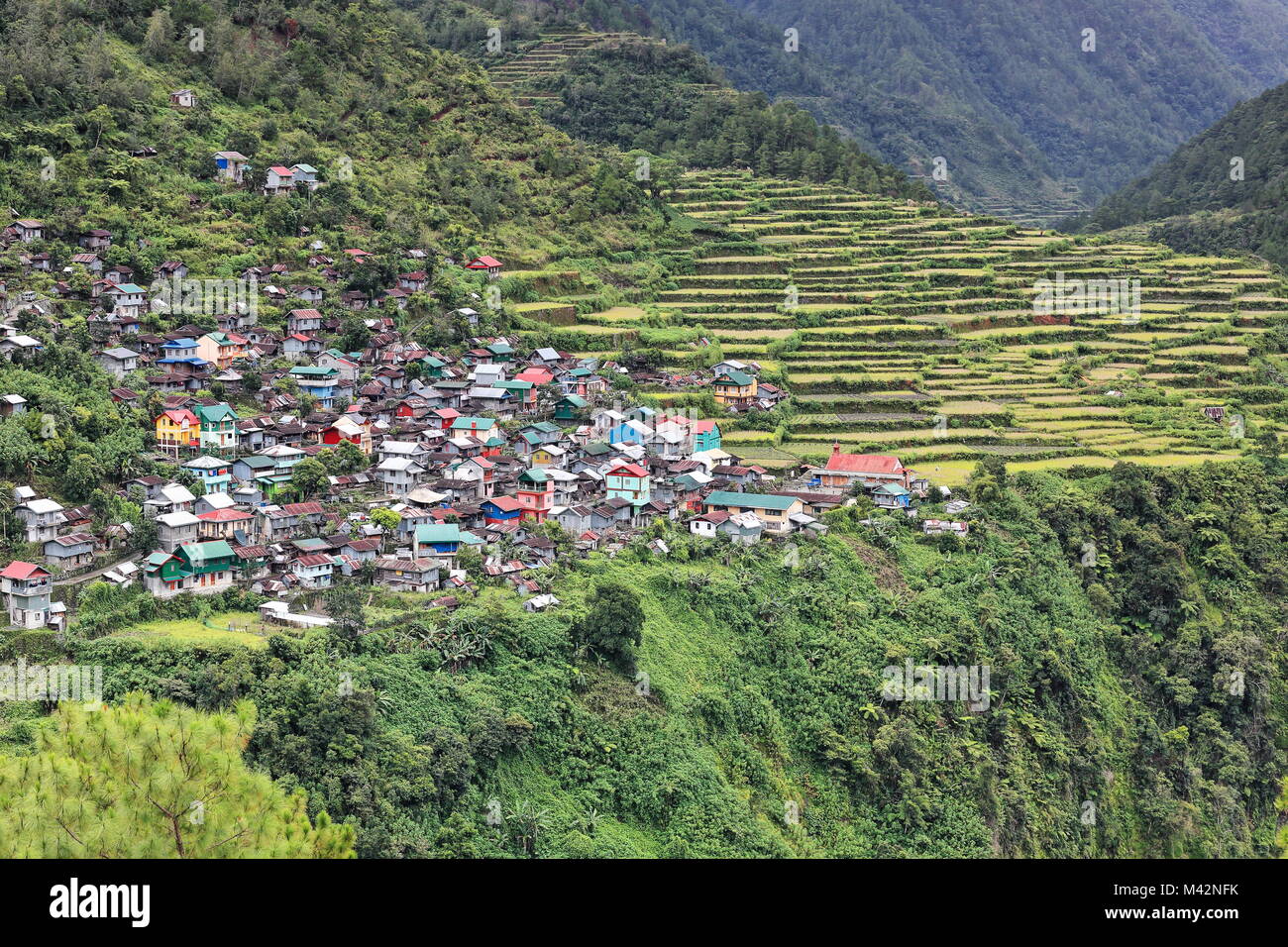 Village and rice terraces perched on the cliff over Talubin river ...