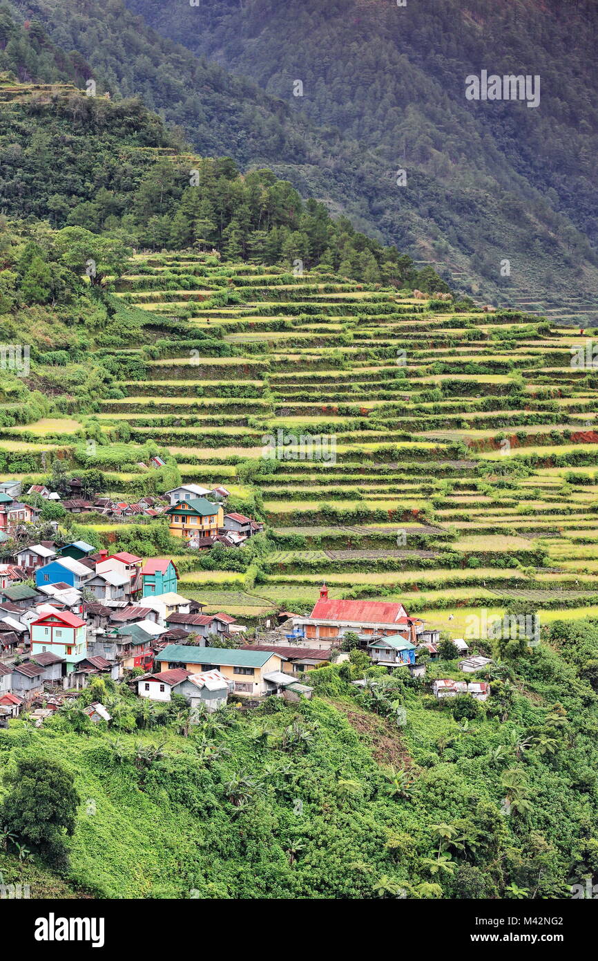 Village and rice terraces perched on the cliff over Talubin river ...