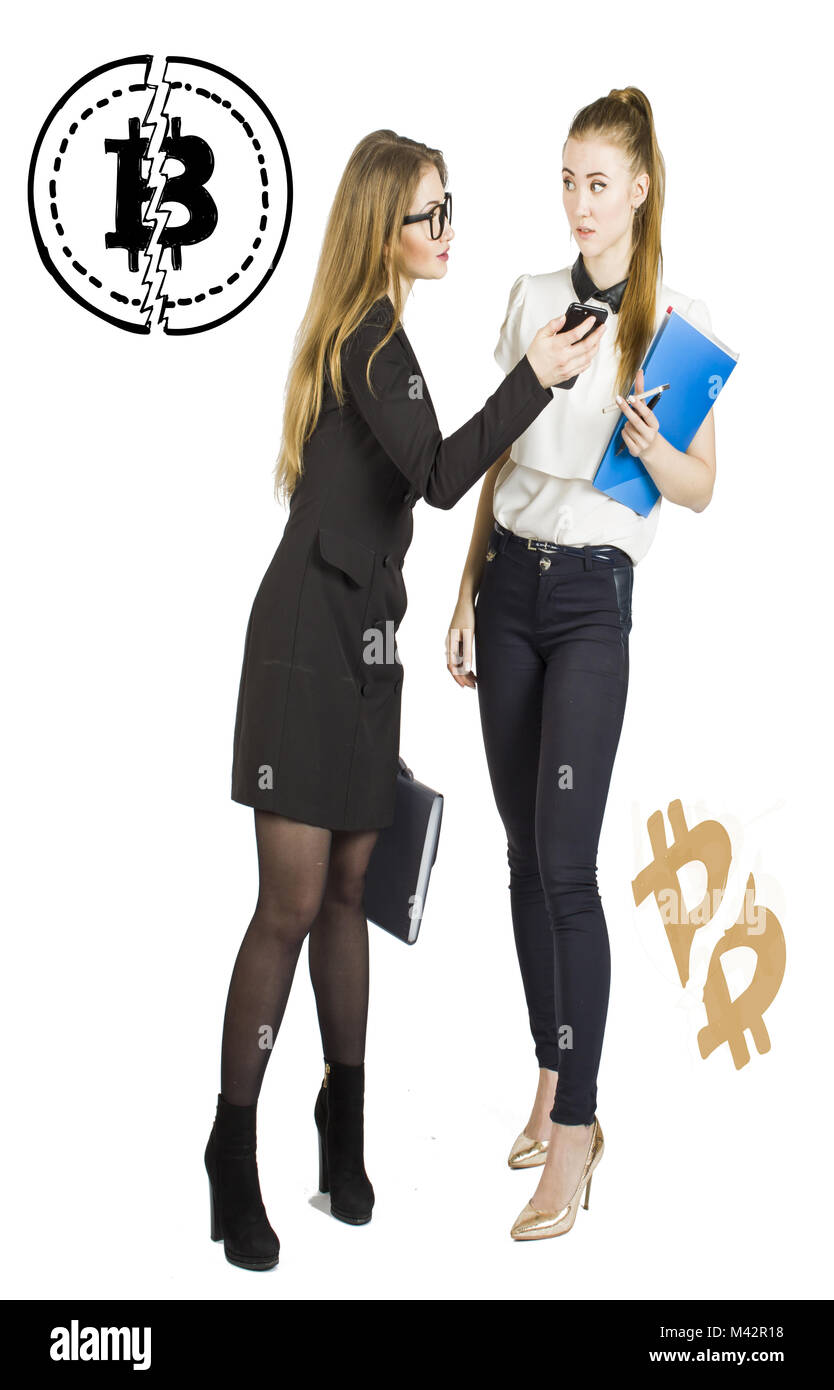 Beautiful women standing over white background with bitcoin sketches ...