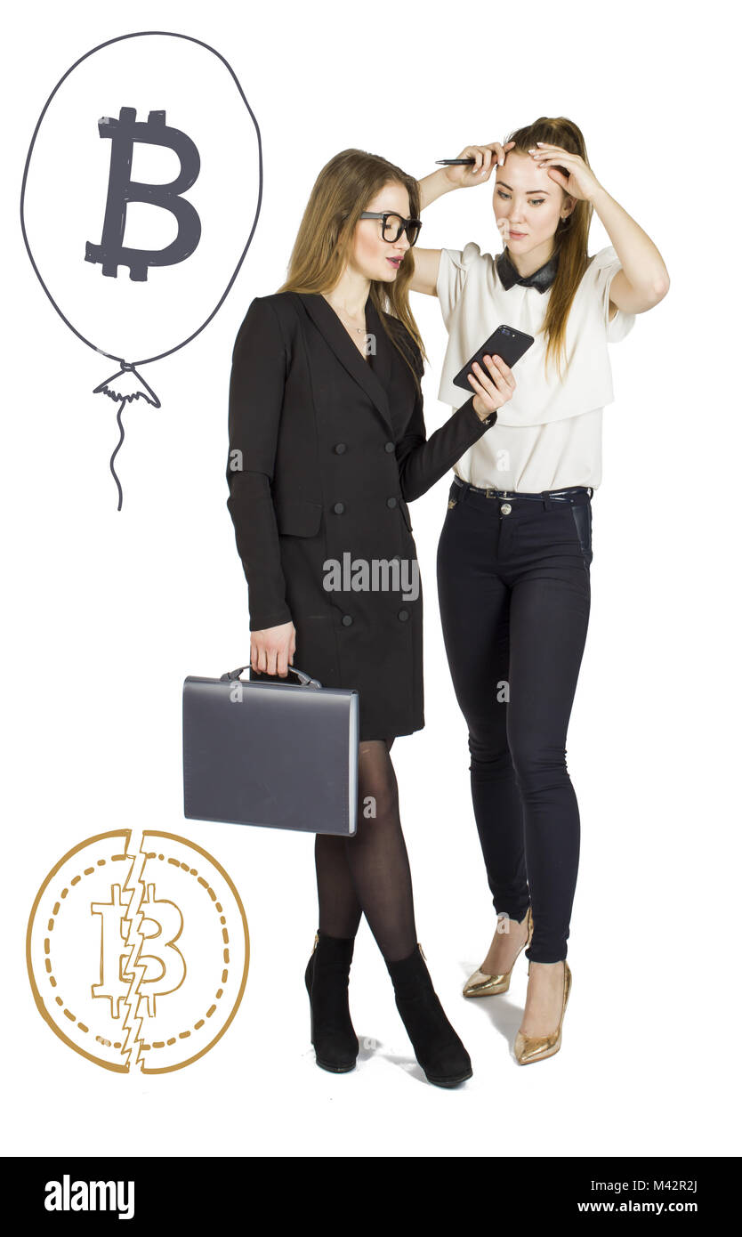 Beautiful women standing over white background with bitcoin sketches ...